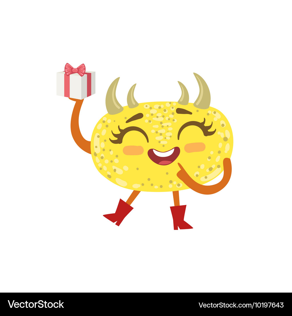 Yellow friendly monster with hornes wearing red Vector Image