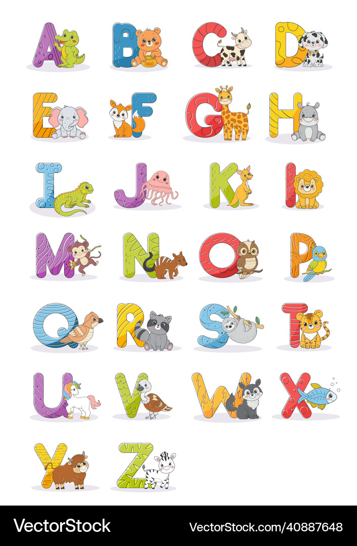 Alphabet for kids with cute animalscartoon style Vector Image