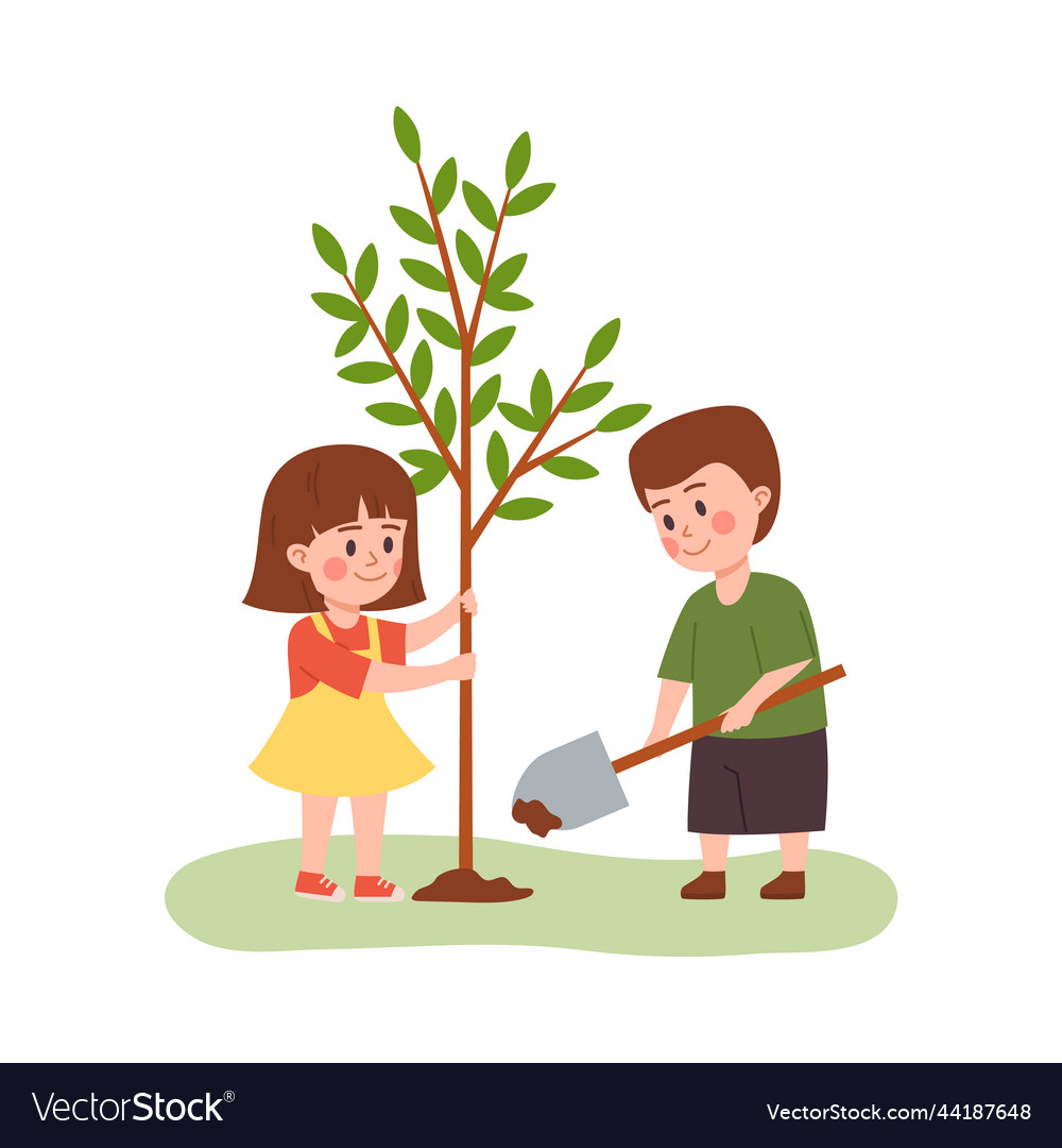 Child boy and girl planting tree together flat Vector Image