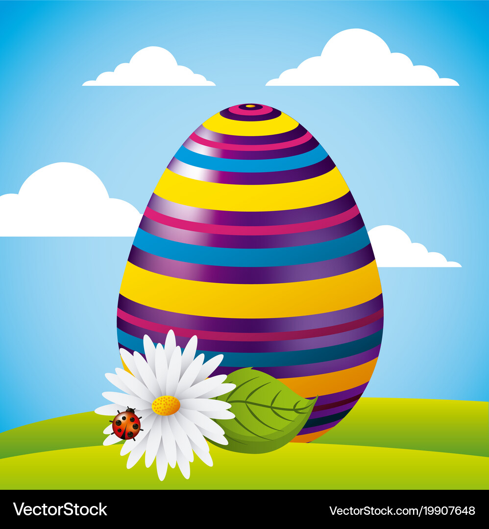 Cute big striped egg with flower and ladybug field