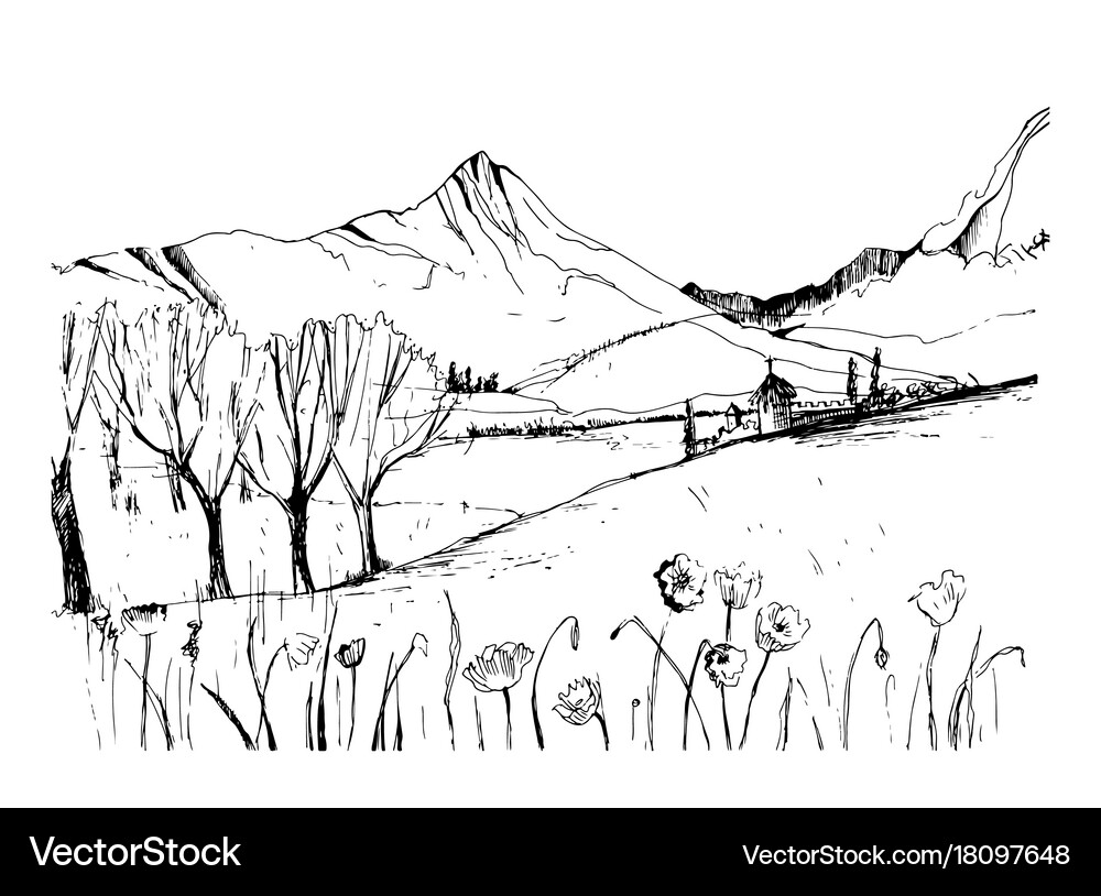Remarkable georgian landscape sketch black Vector Image