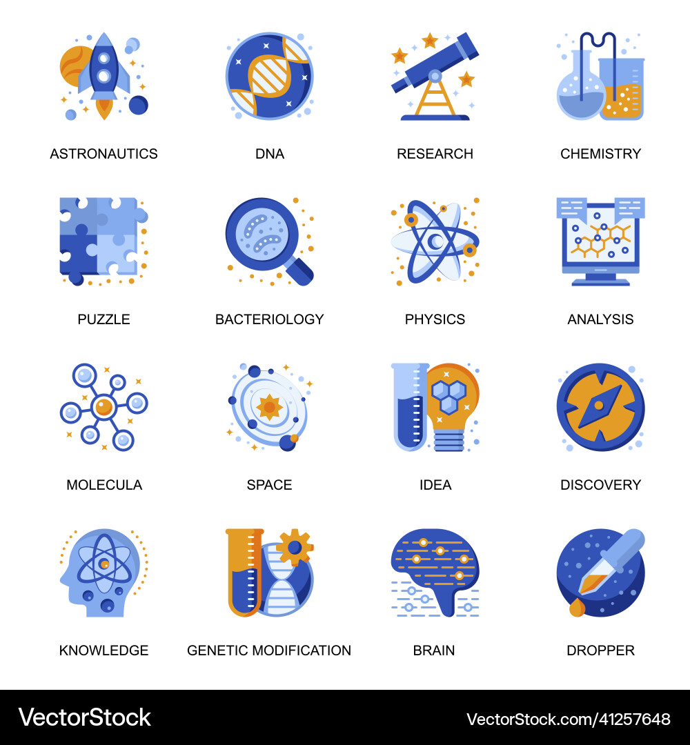 Science research icons set in flat style Vector Image