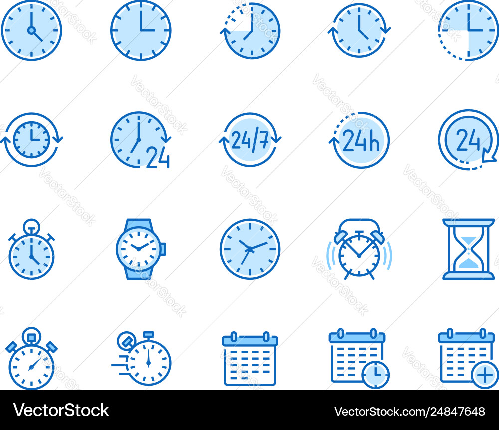 Time flat line icons set alarm clock stopwatch Vector Image