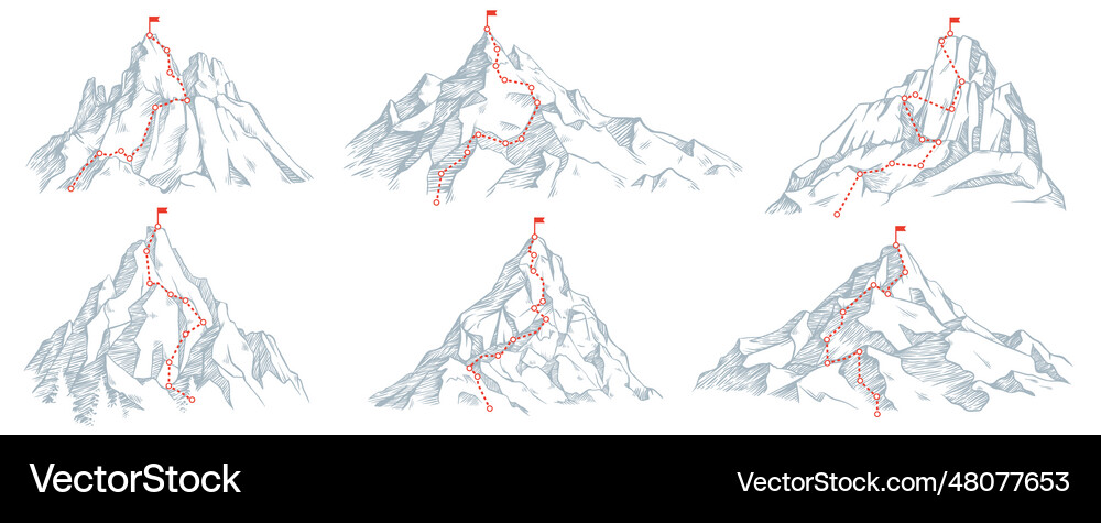 Sketch route to mountain peak hand drawn Vector Image