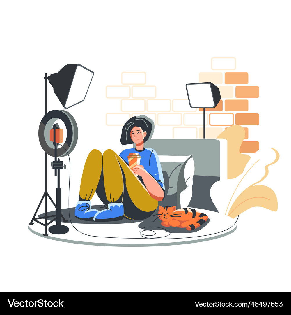 Video blogging young girl blogger using light Vector Image