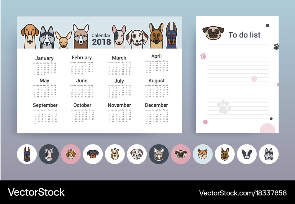 Calendar with dogs planner template Royalty Free Vector