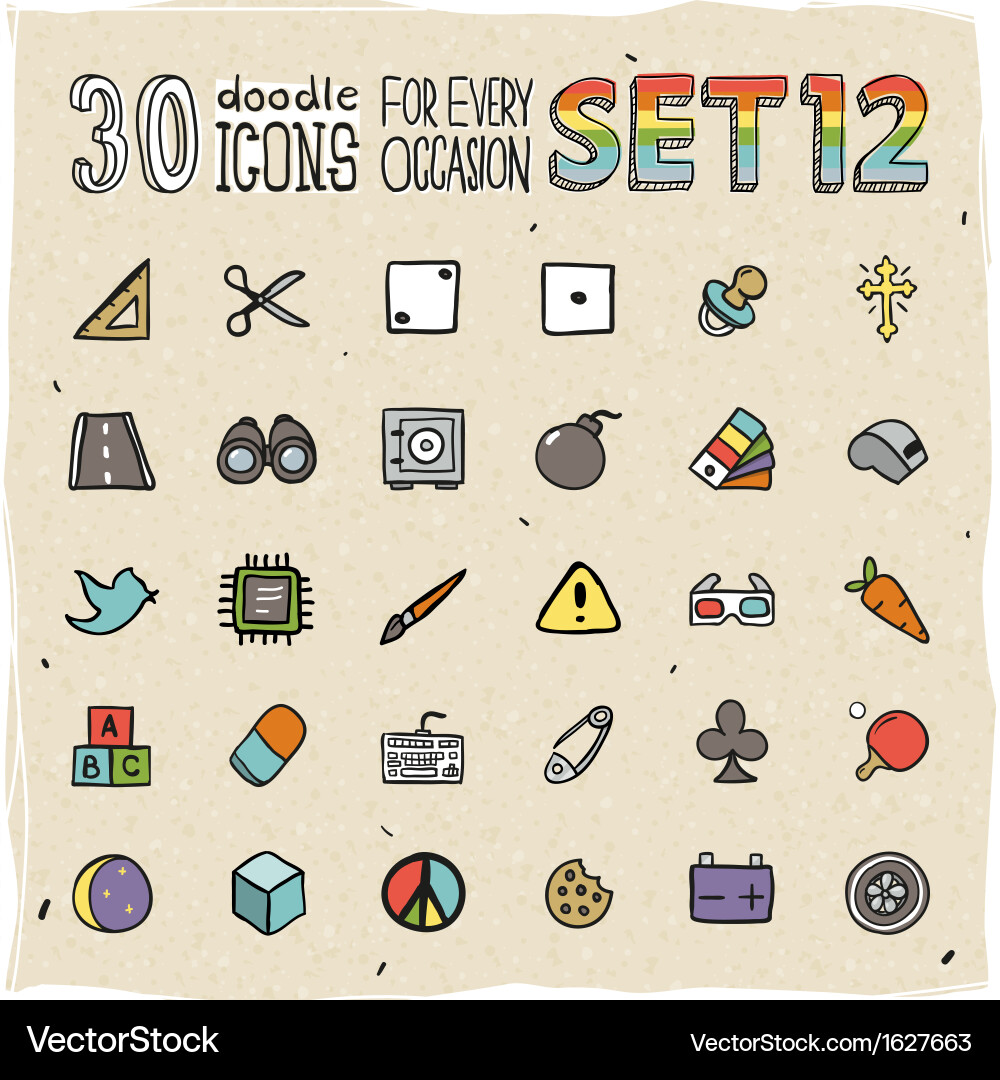 30 colorful doodle icons set 12 Royalty Free Vector Image