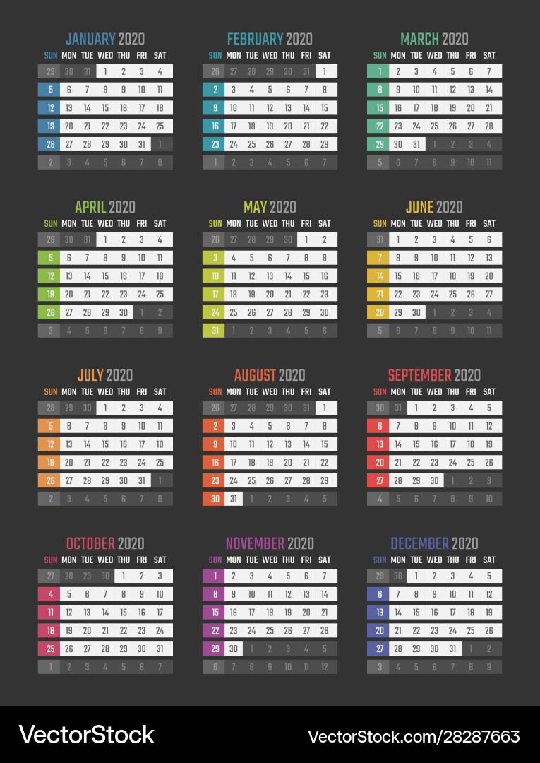 Calendar for 2020 starts sunday Royalty Free Vector Image