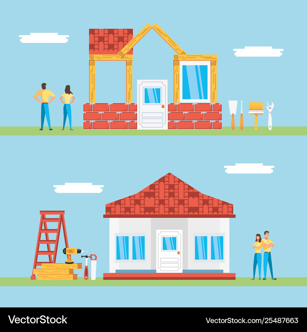 Couple with set facades houses under Royalty Free Vector