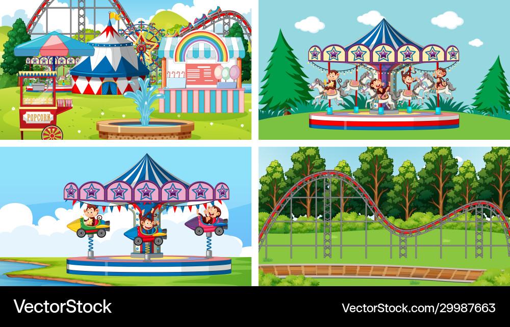 Four scenes with many rides in fun fair Royalty Free Vector