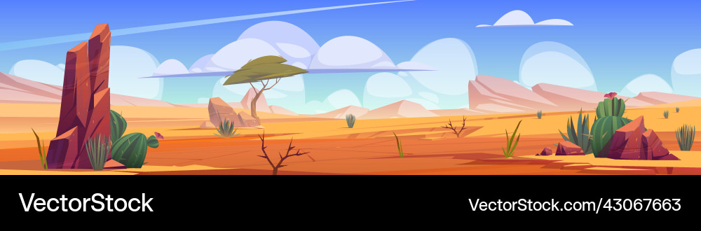 Hot desert landscape with sand cactuses rocks Vector Image