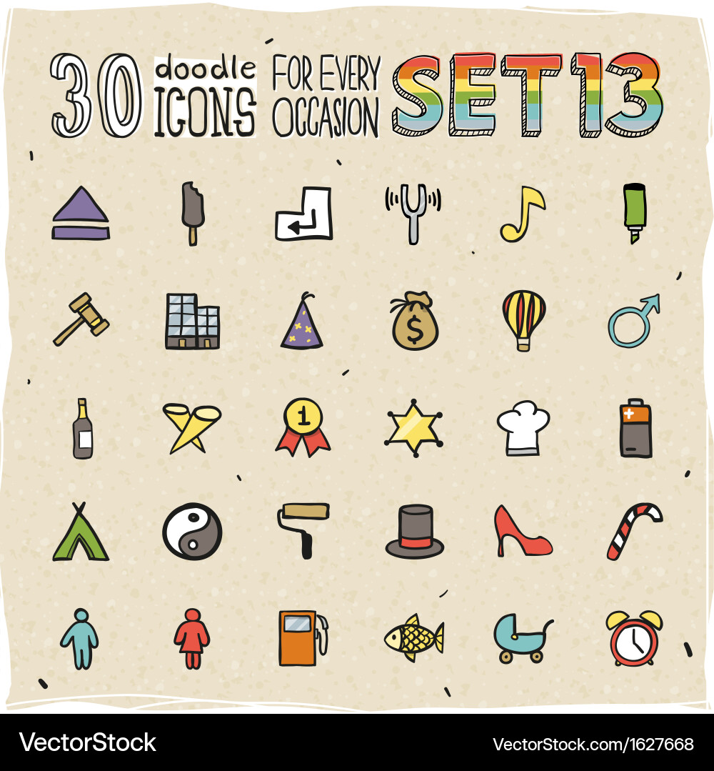 30 colorful doodle icons set 13 Royalty Free Vector Image