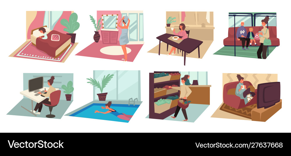 Female character day daily routine morning Vector Image