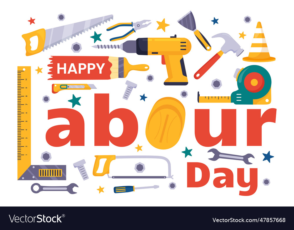 Happy labor day with various construction tools Vector Image