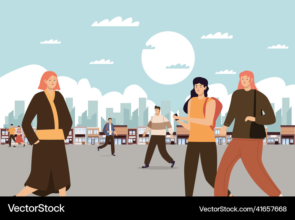 Seven persons in the street Royalty Free Vector Image