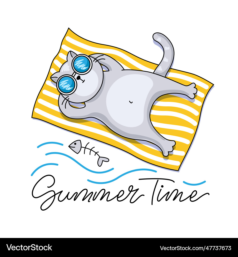 Cartoon cat on the beach summer time Royalty Free Vector