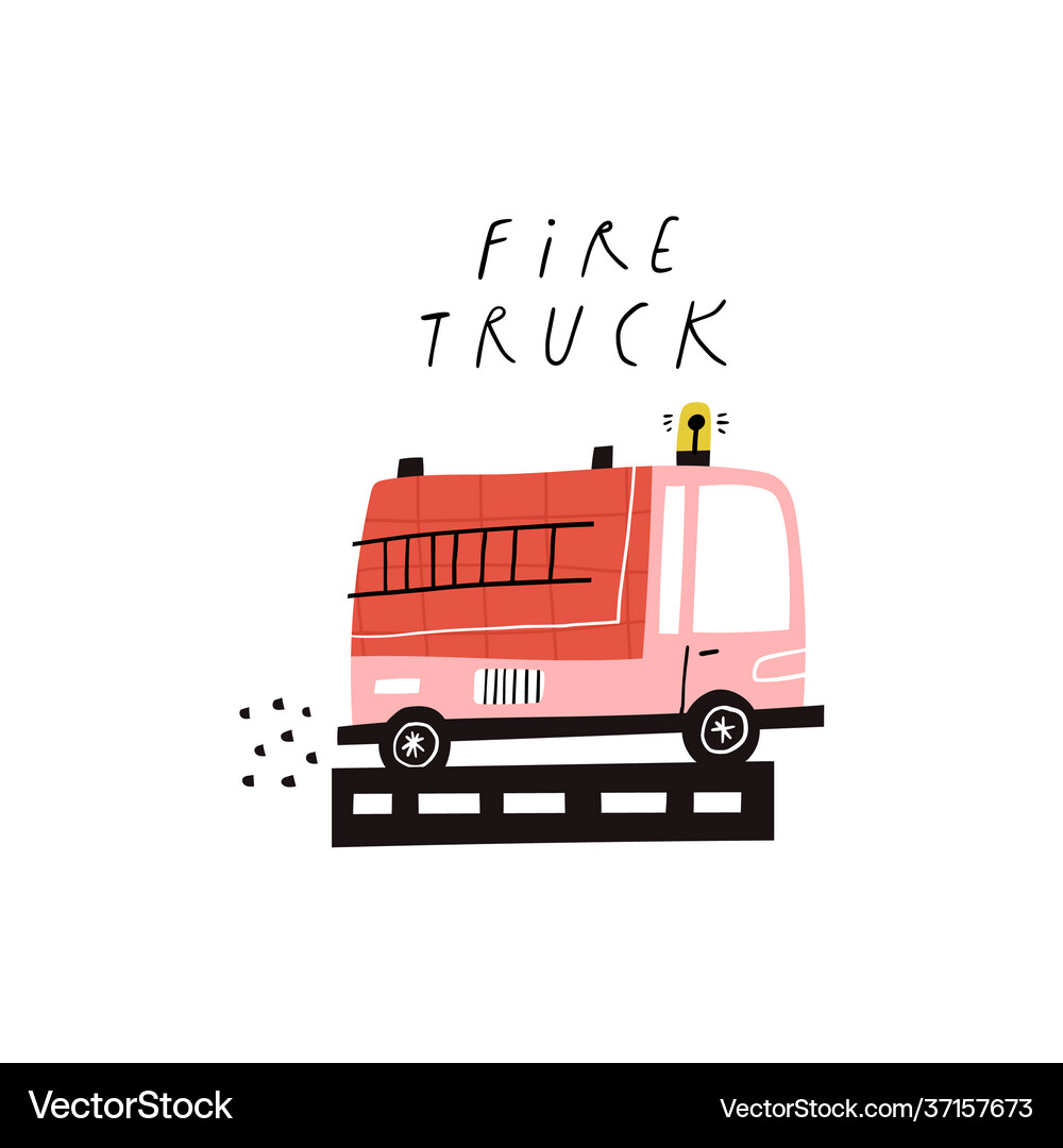 Fire truck text and cute cartoon engine Royalty Free Vector