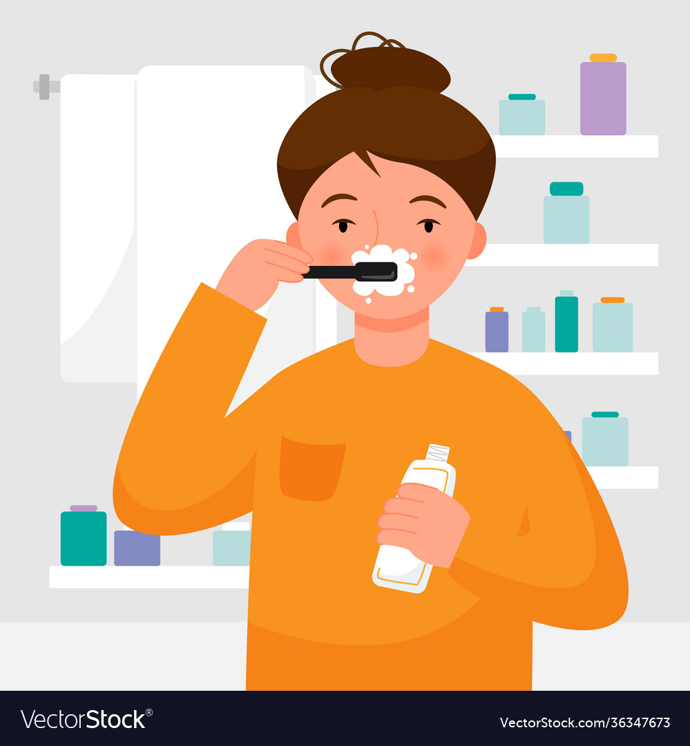Girl brushing her teeth in bathroom Royalty Free Vector