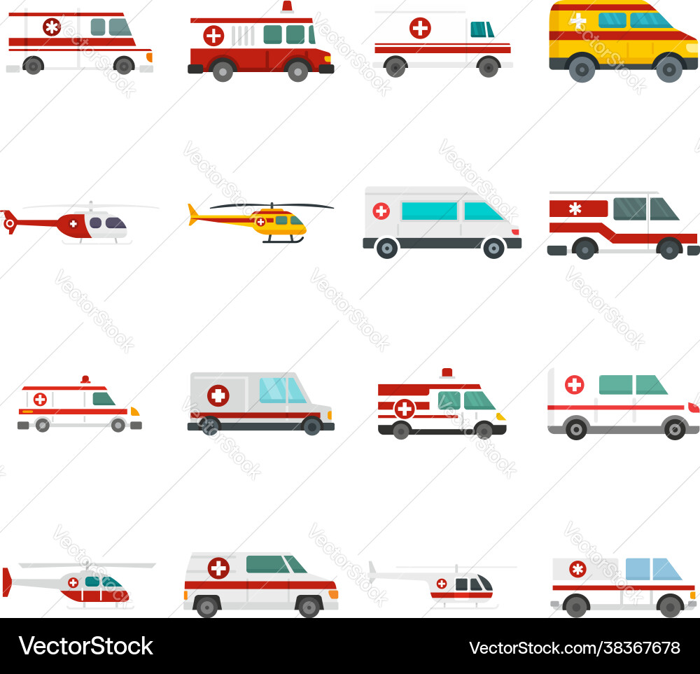 Ambulance icons set flat isolated Royalty Free Vector Image