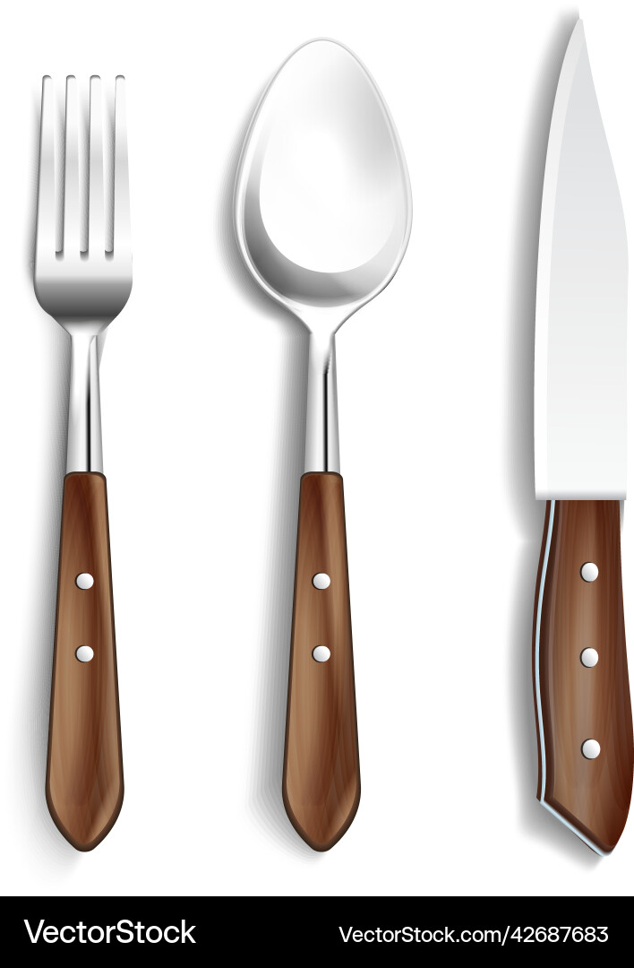 Cutlery with wooden handle realistic set Vector Image