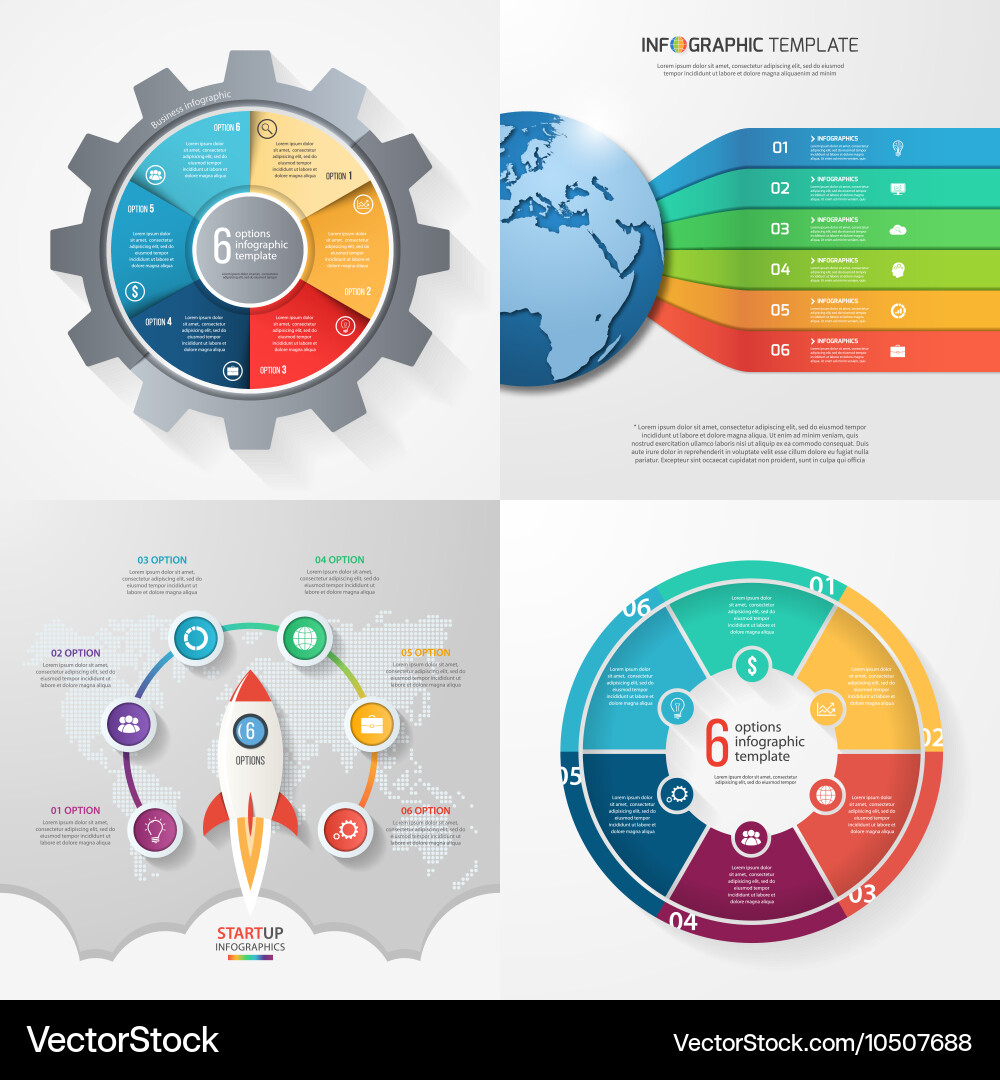 Set of 4 infographic templates with 6 processes Vector Image