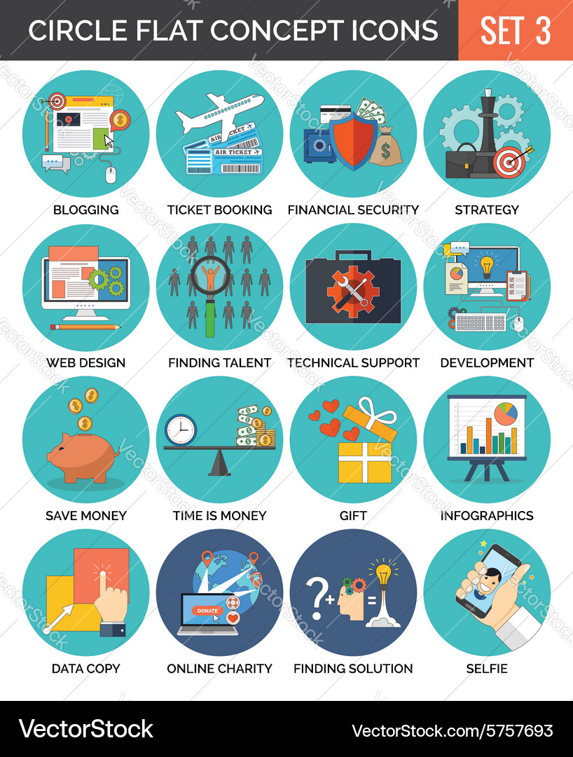 Circle colorful concept icons flat design set 3 Vector Image