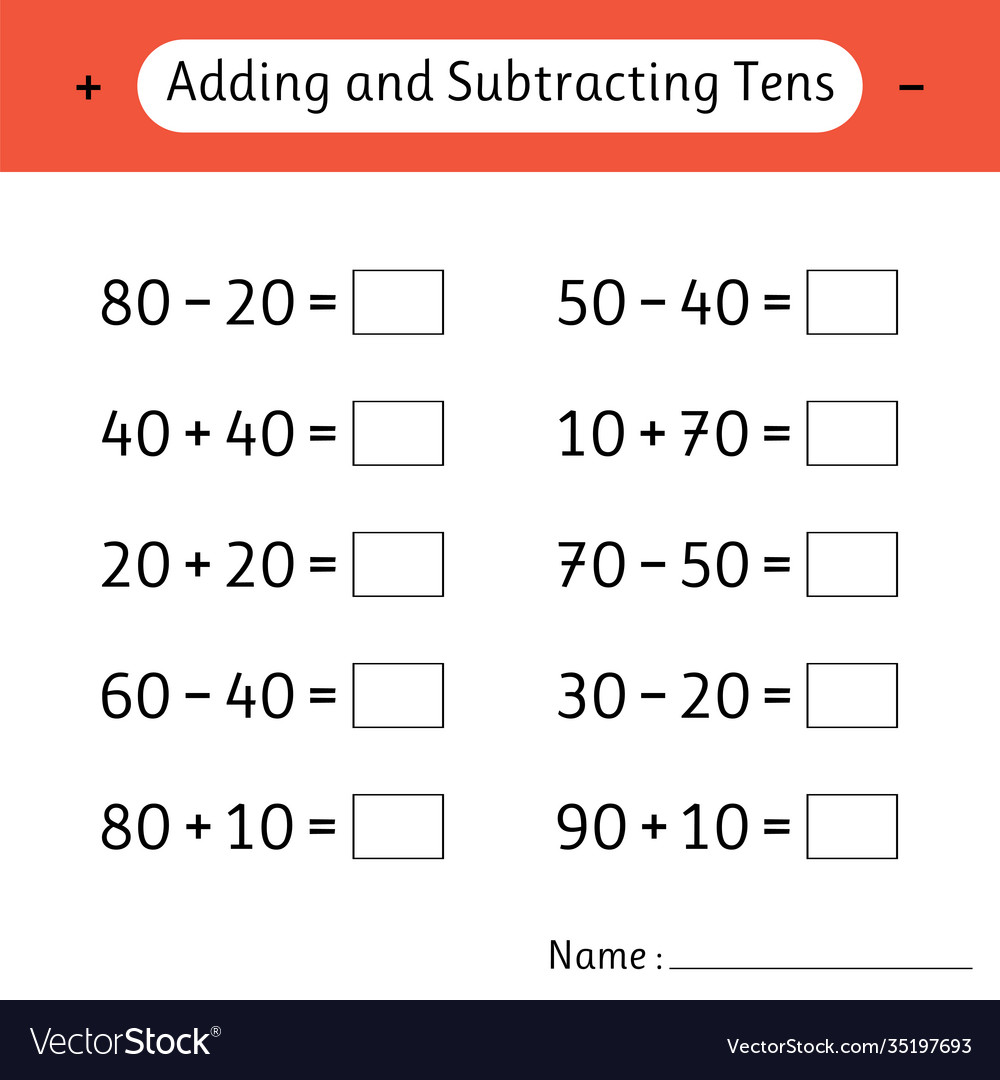 Math Worksheet: Adding Tens Royalty Free Vector Image