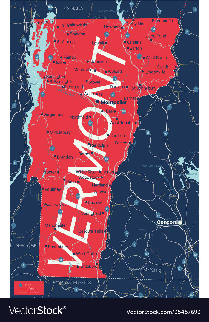 Vermont State Detailed Editable Map Royalty Free Vector
