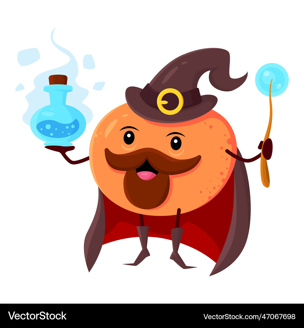 Cartoon orange fruit wizard or mage character Vector Image