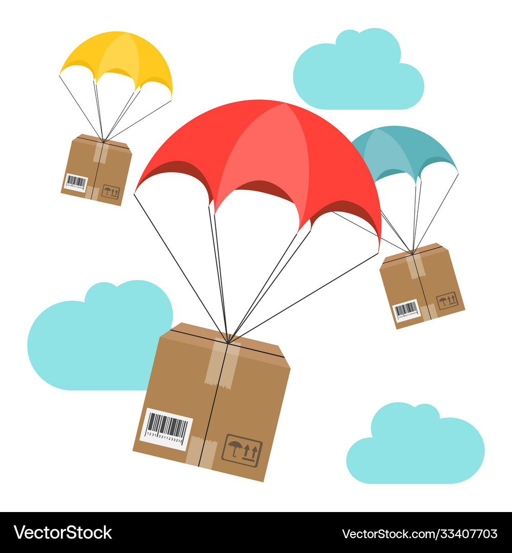 Delivery service parachute with parcel in sky Vector Image