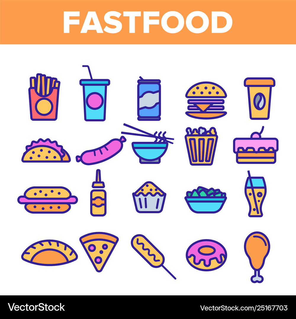 Fastfood linear icons set thin pictograph Vector Image