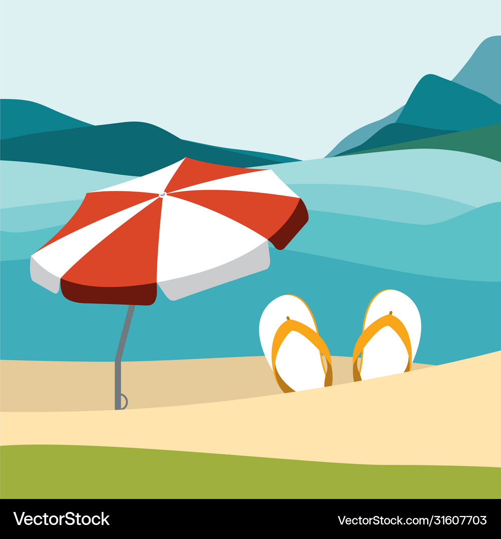 Summer beach with color flip flops and red Vector Image