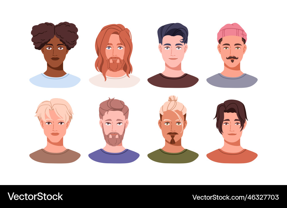 Young men faces set modern guys head portraits Vector Image