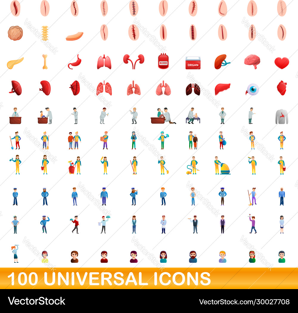 100 universal icons set cartoon style Royalty Free Vector