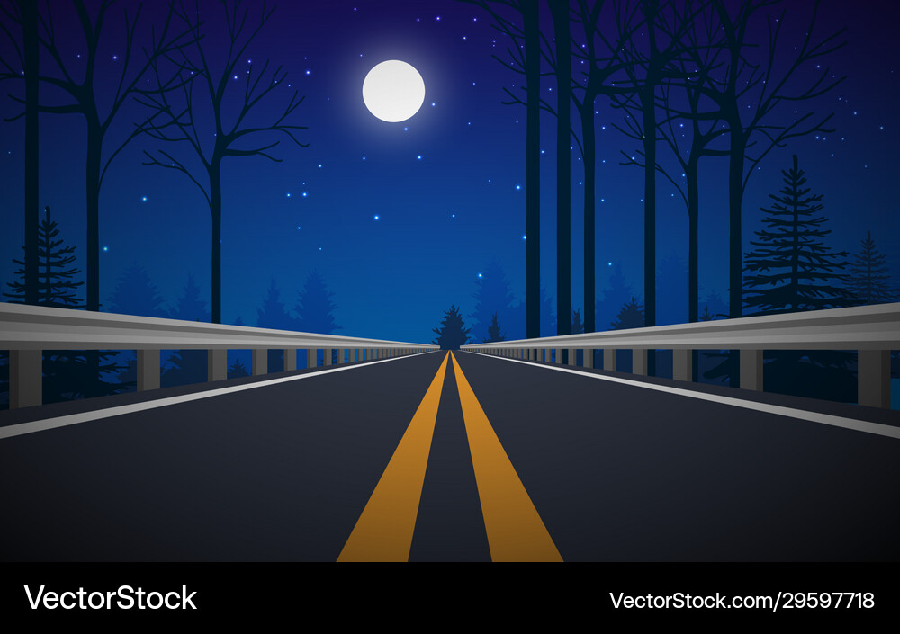 Landscape road in forest in night Royalty Free Vector Image