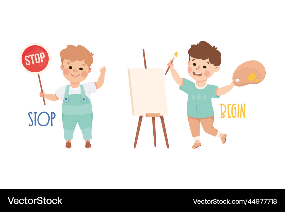 Little boy with stop sign and begin drawing Vector Image