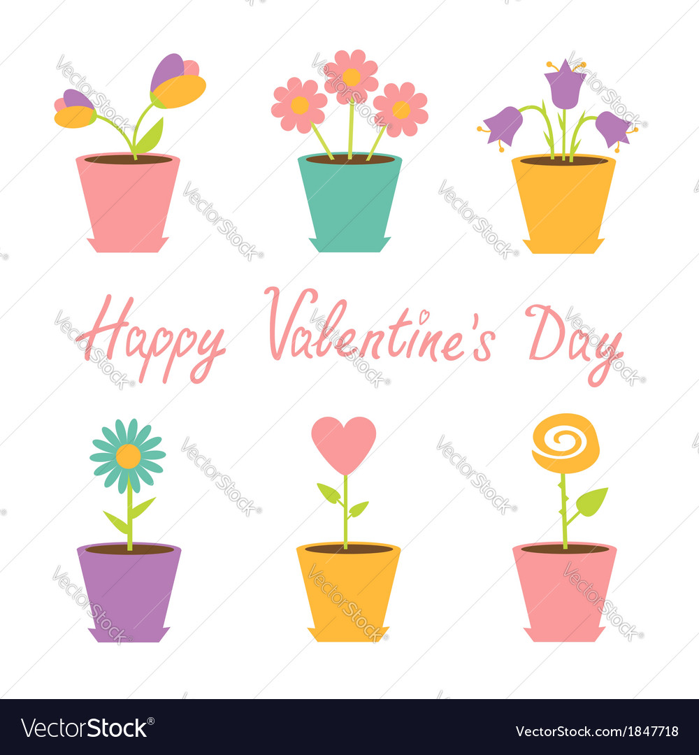 Set of flowers in pots happy valentines day Vector Image