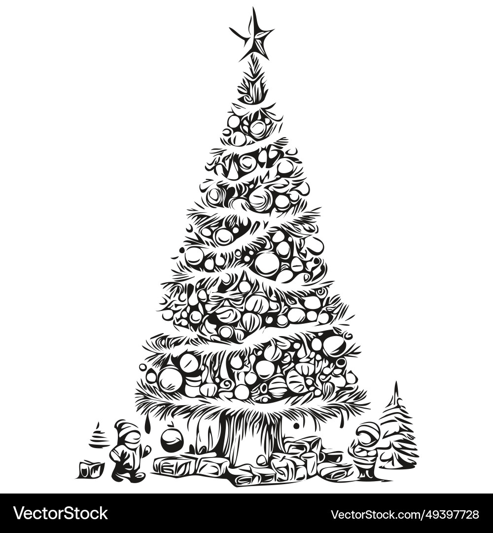 Christmas tree black and white sketch hand drawn Vector Image