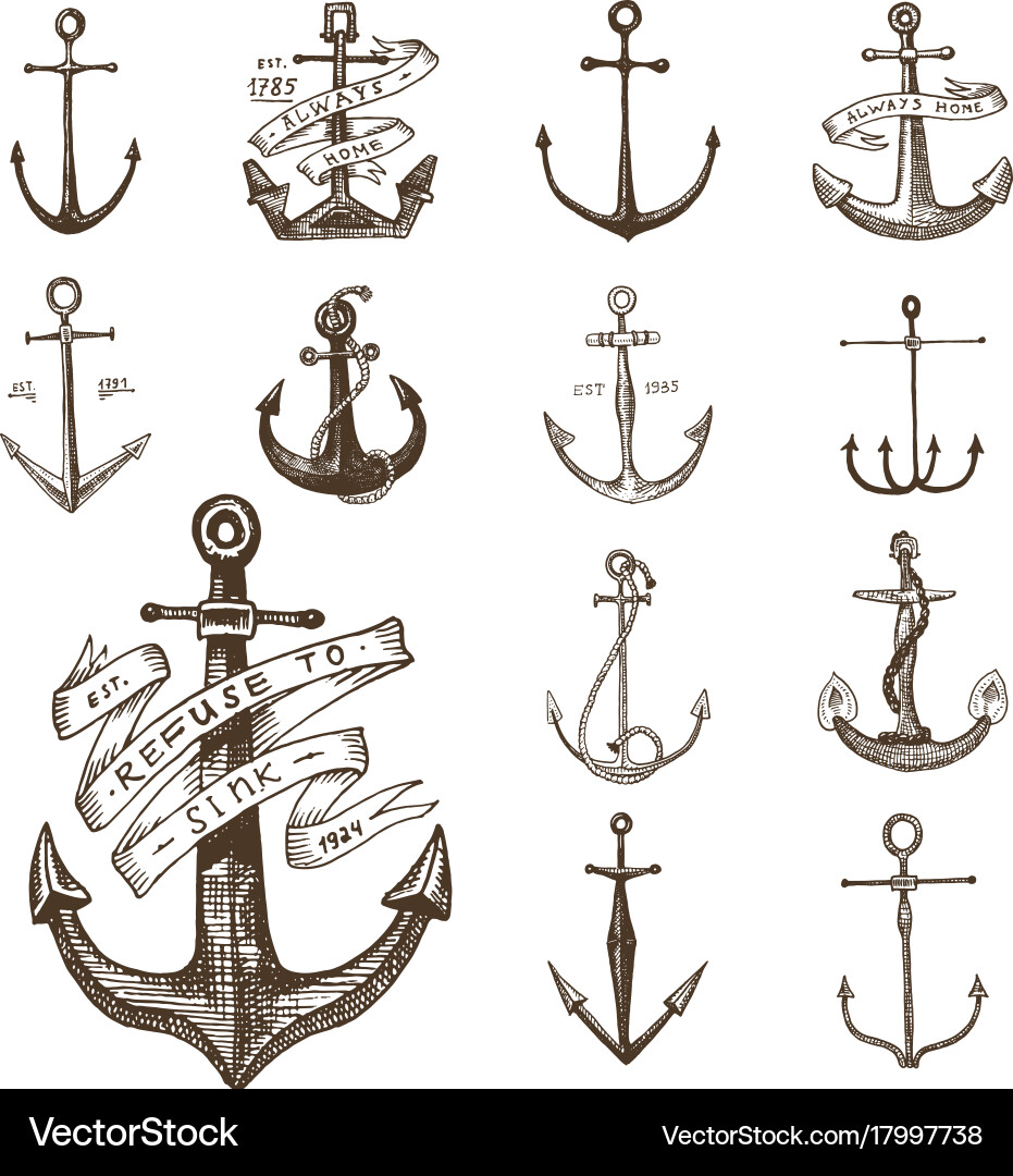 Anchor engraved vintage in old hand drawn Vector Image