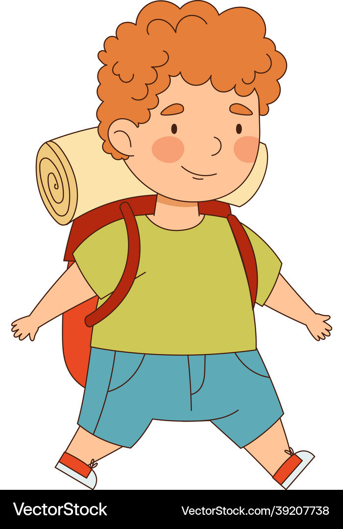 Little boy with backpack walking and hiking Vector Image