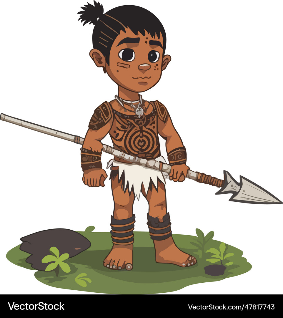 Cute tribal boy holding spear Royalty Free Vector Image