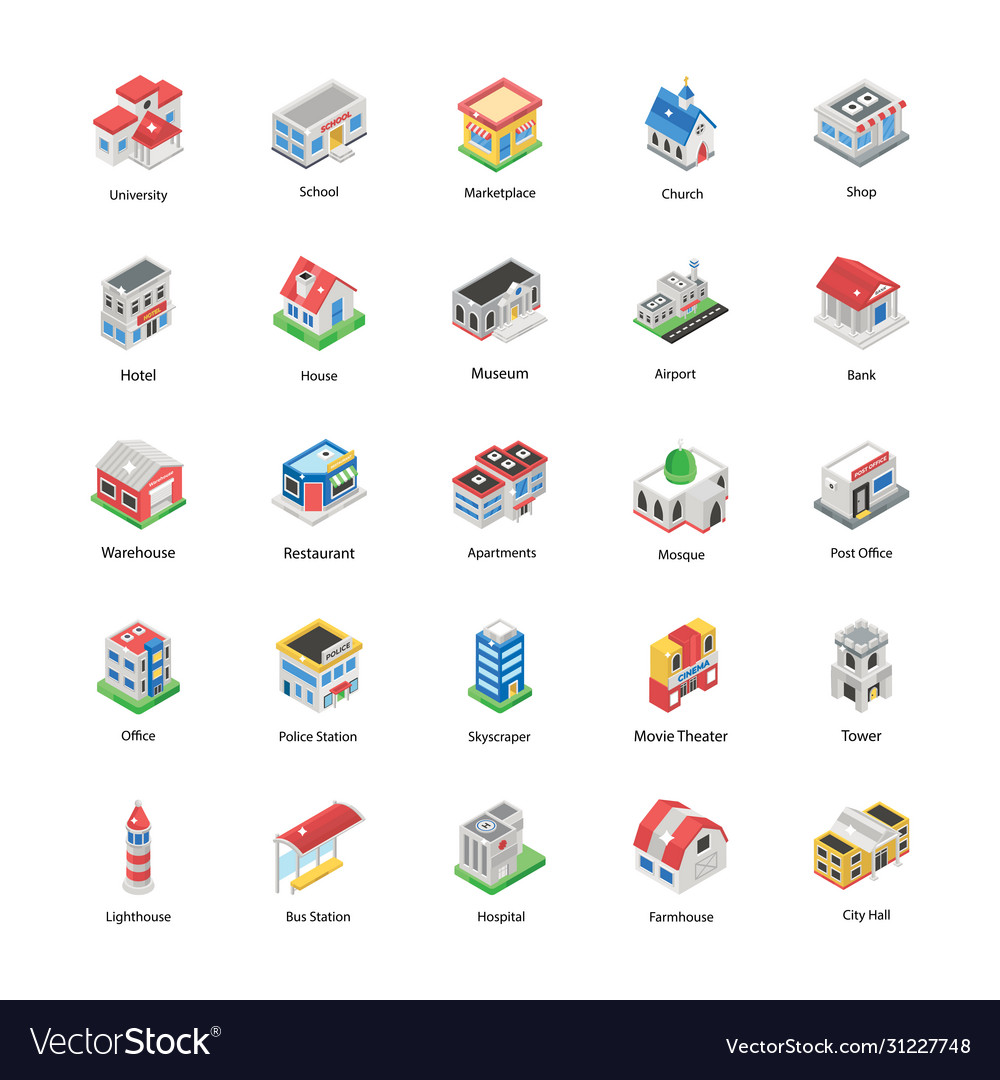 Modern architectures in isometric pack Royalty Free Vector