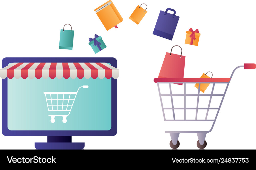 Computer screen with tent and shopping cart Vector Image