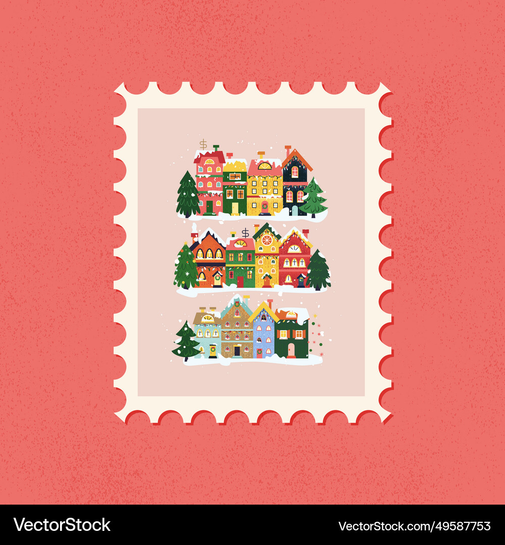 Winter houses town postal stamp Royalty Free Vector Image