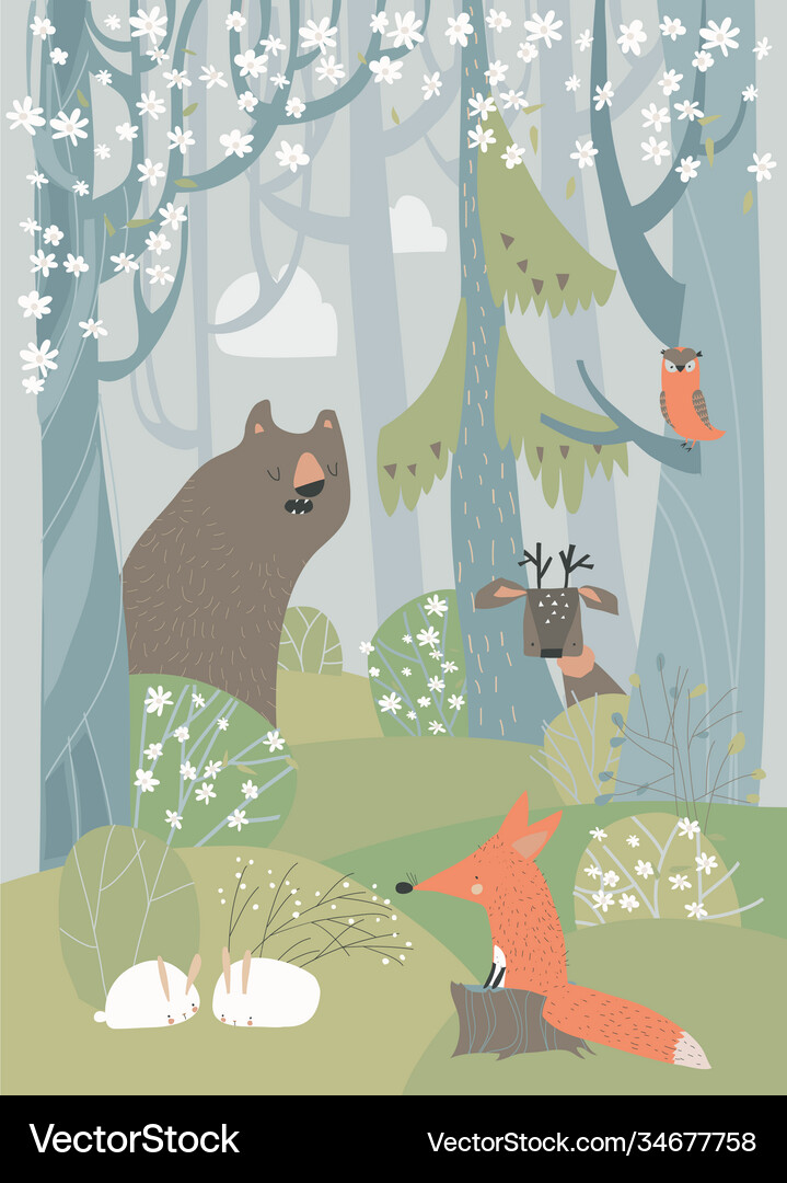 Cartoon cute animals in spring blossom forest Vector Image