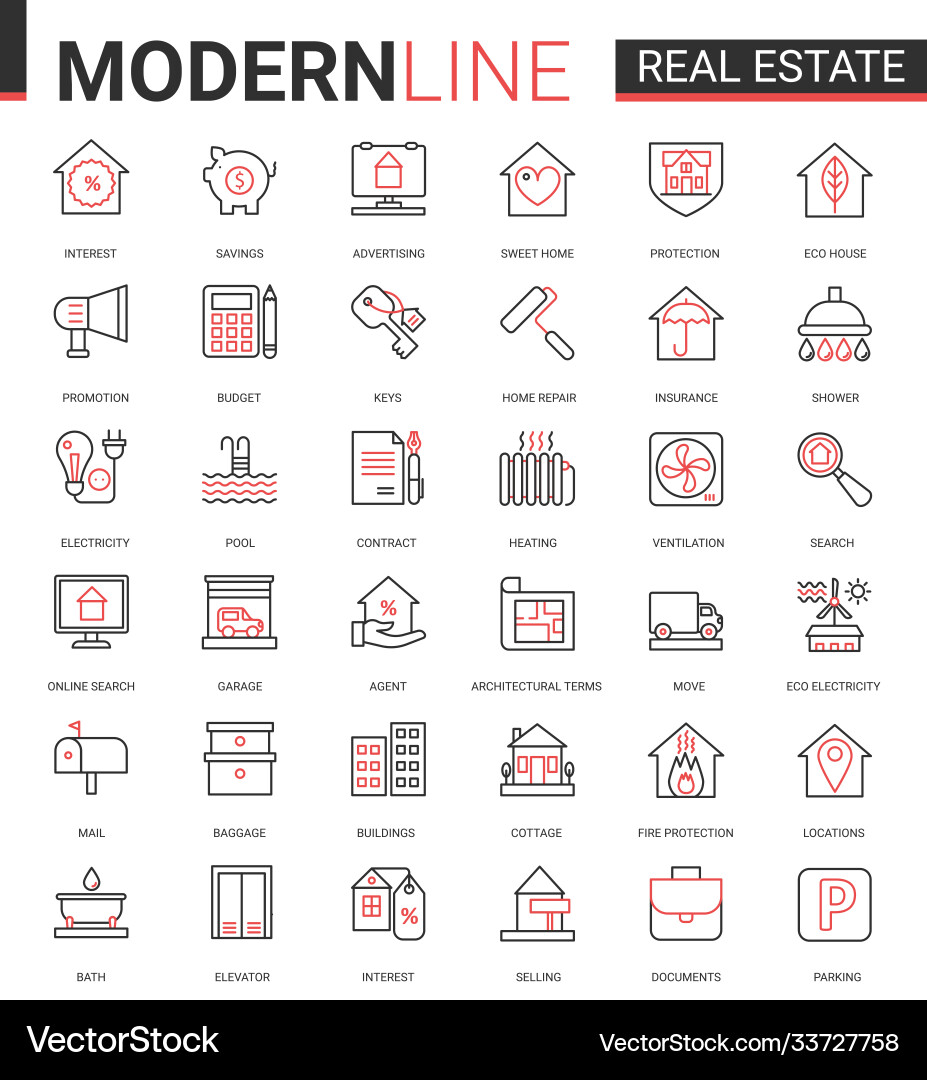Real estate thin red black line icon Royalty Free Vector