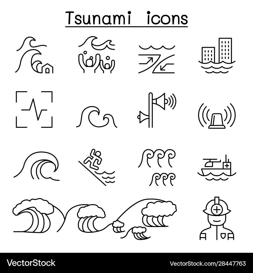 Tsunami storm icons set in thin line style Vector Image