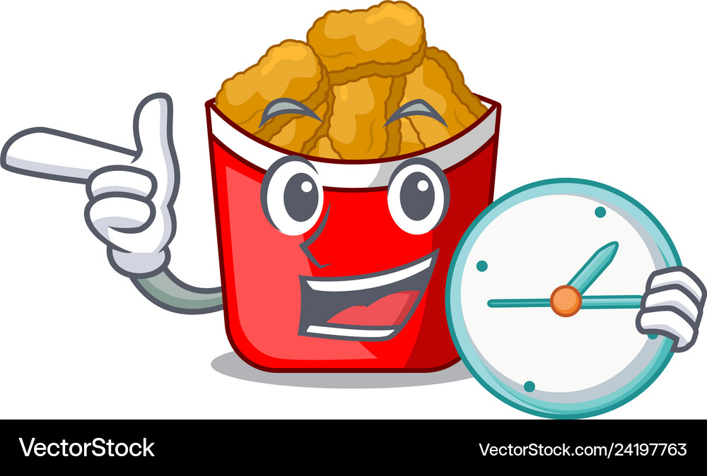 With clock chicken nuggets on above cartoon plate Vector Image