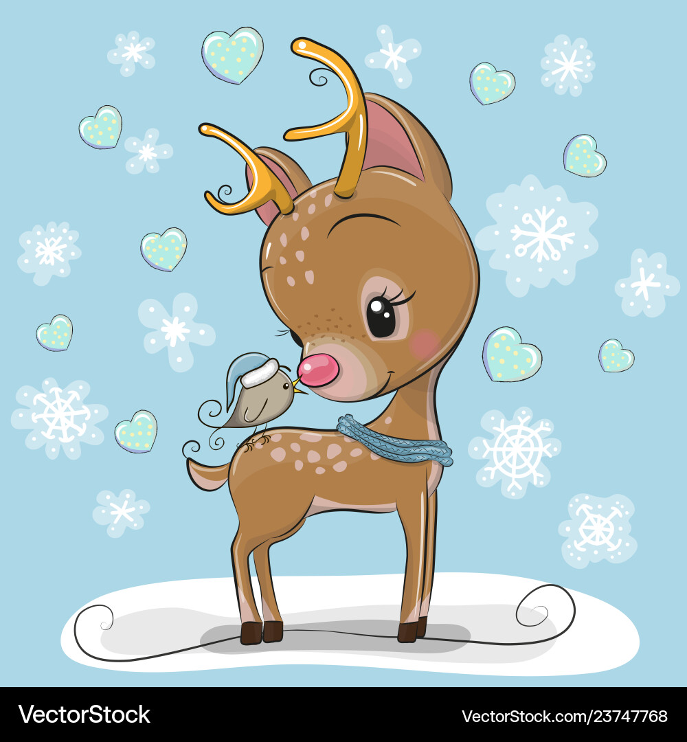 Cartoon deer with bird on a blue background Vector Image