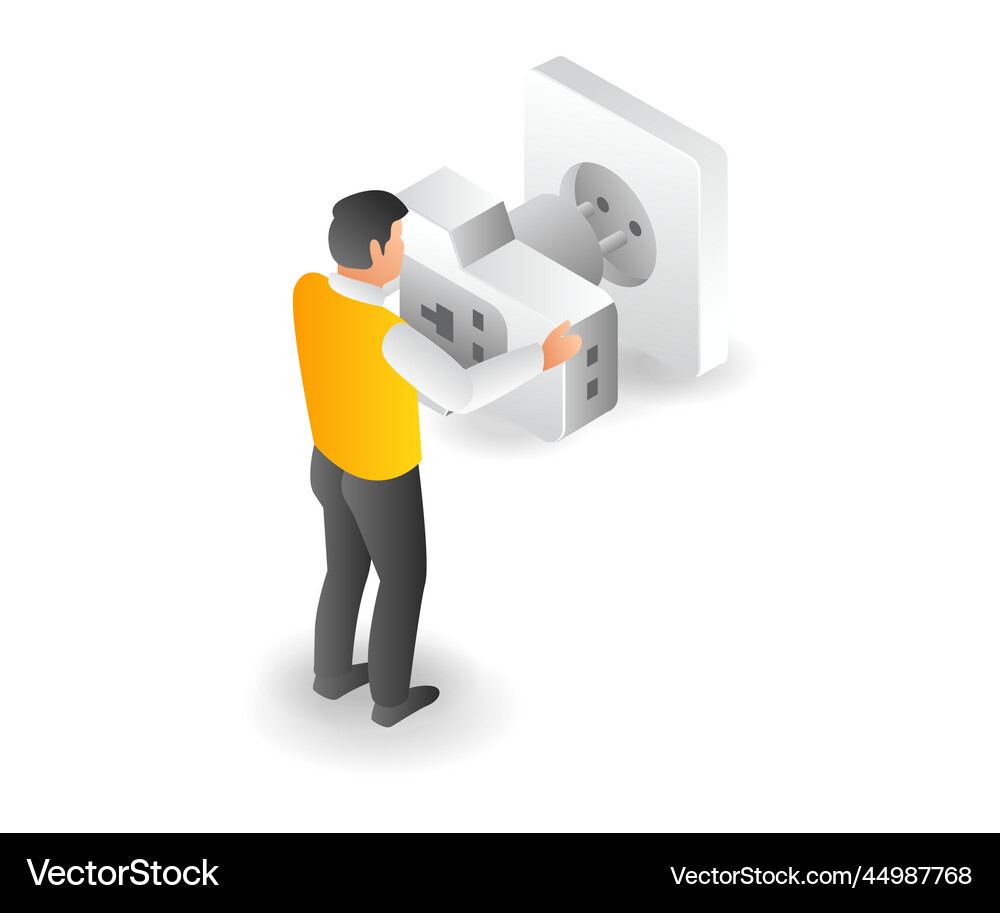 Concept isometric of a man inserting power jack Vector Image